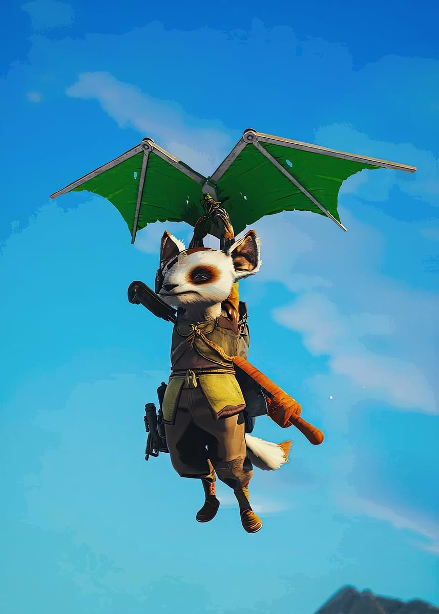 'Anthropomorphic Fox Gliding in Blue Sky' Poster, picture, metal print ...