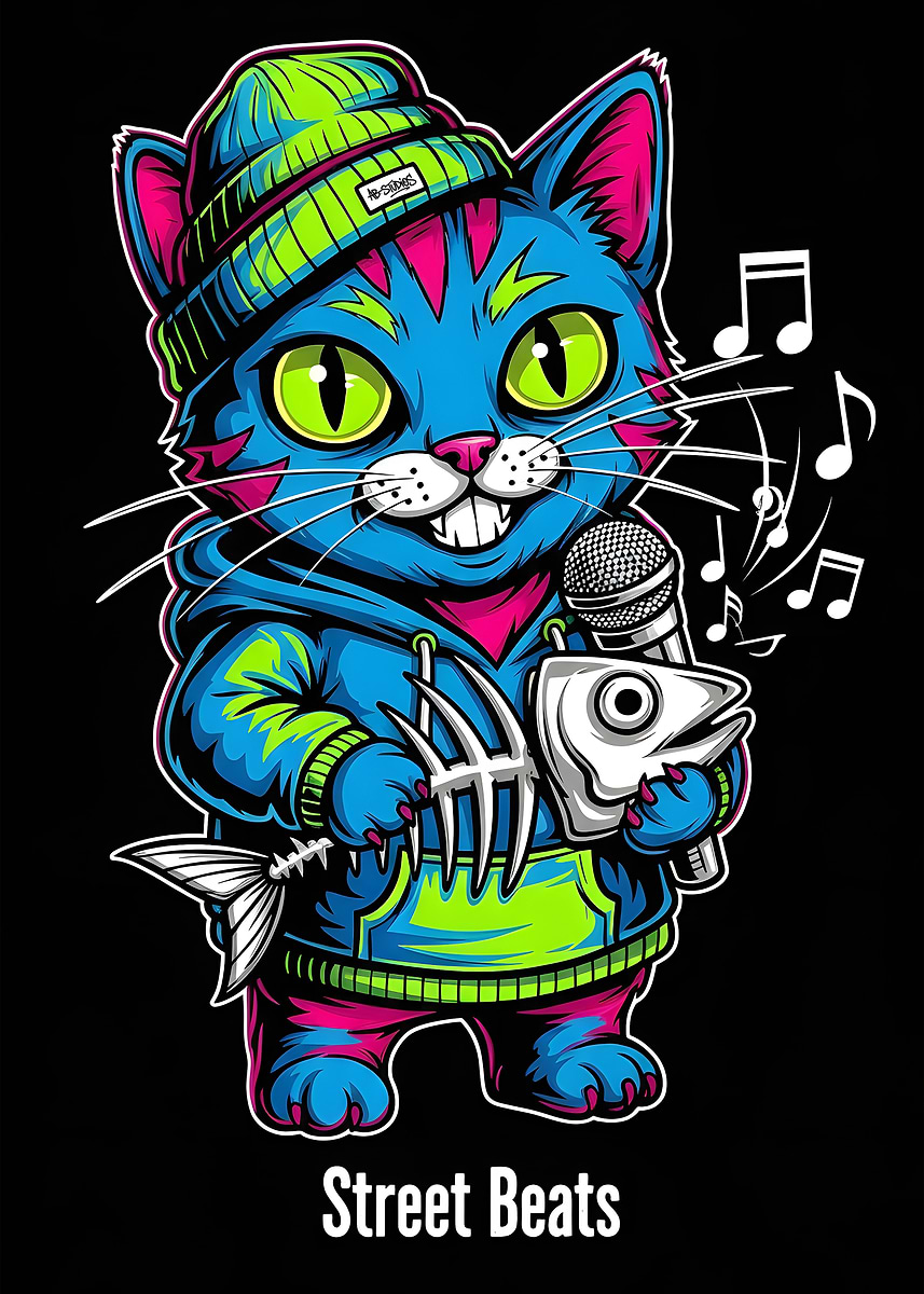 'Street Beats Cat Cartoon Illustration' Poster, picture, metal print ...