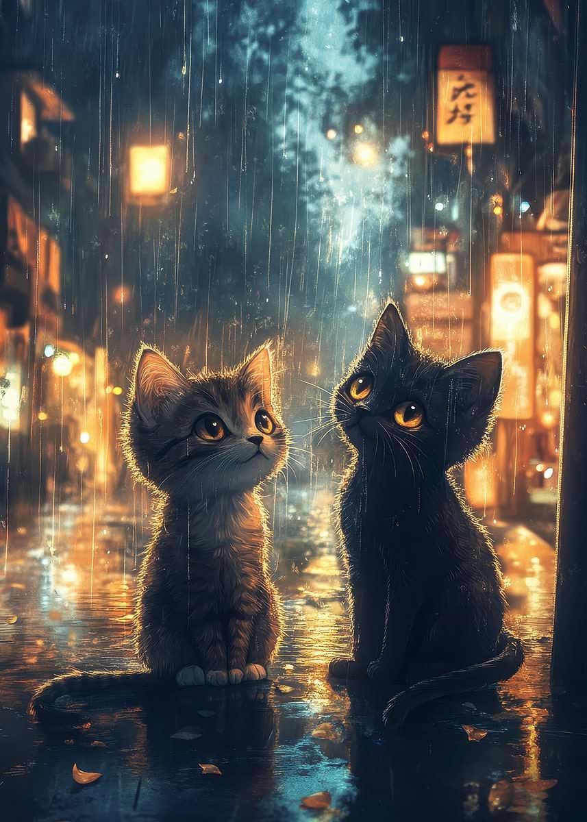 'Two Cats in Rainy Cityscape' Poster, picture, metal print, paint by ...