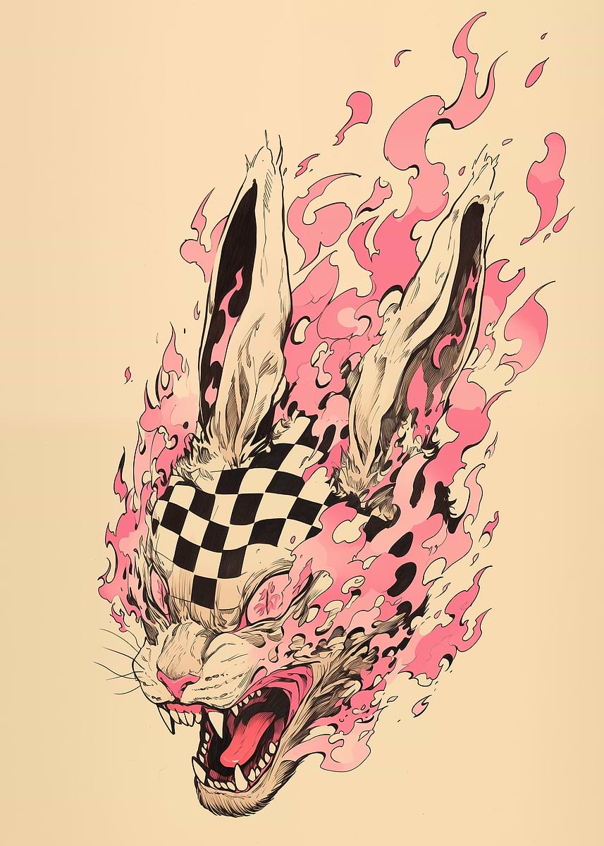 'Flaming Rabbit with Checkered Headband' Poster, picture, metal print ...