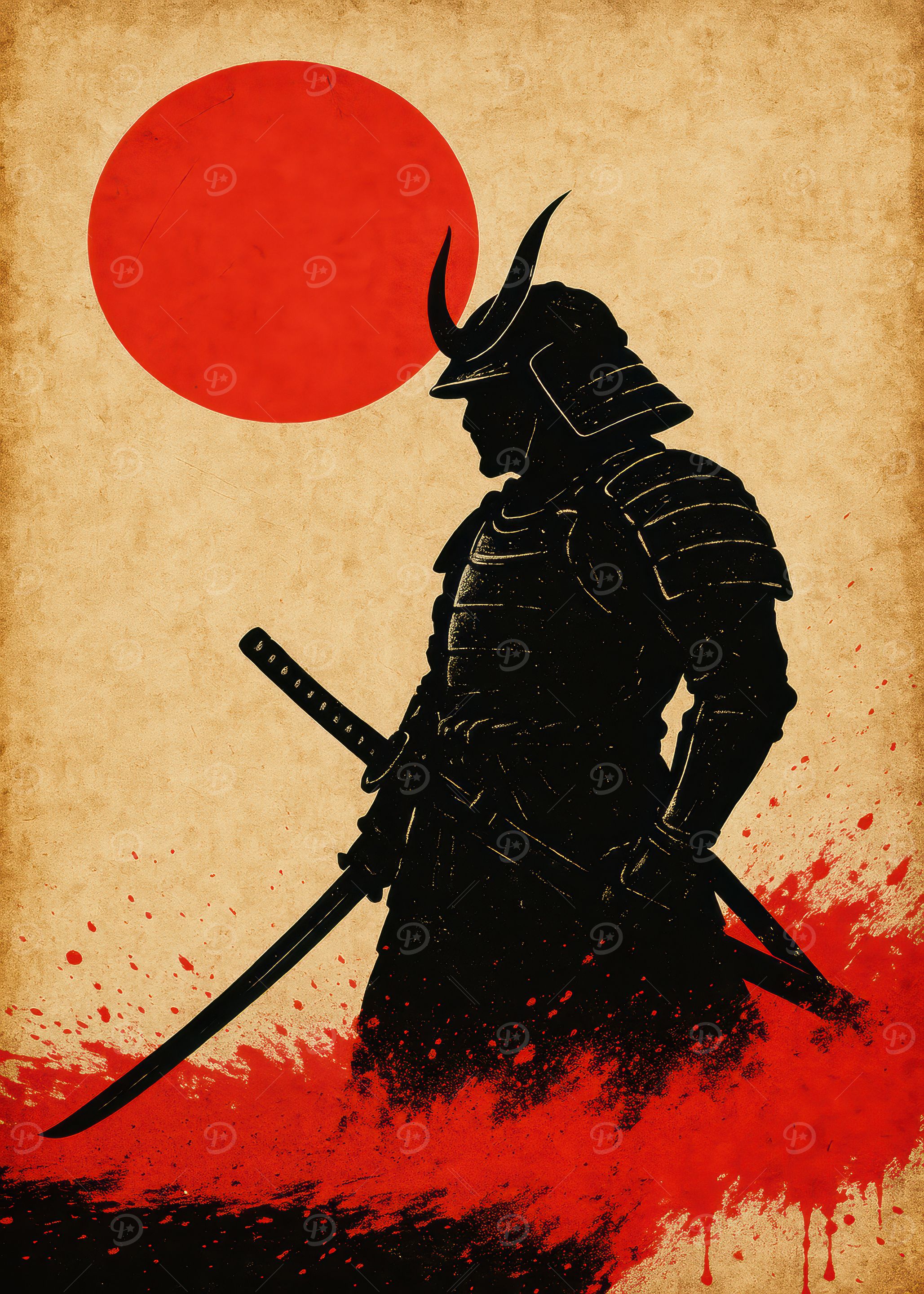 'Samurai Warrior Silhouette with Red Sun' Poster, picture, metal print ...