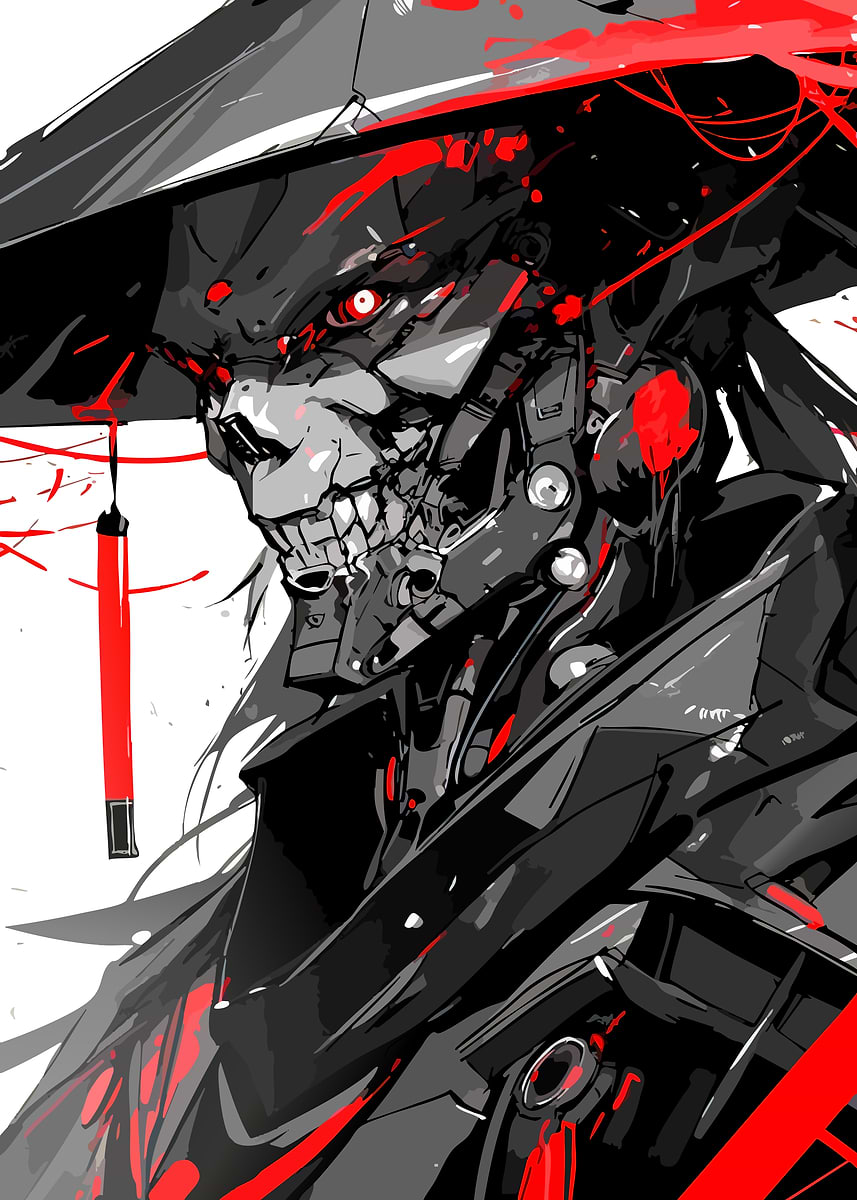 'Cyberpunk Samurai Robot with Red Accents' Poster, picture, metal print ...