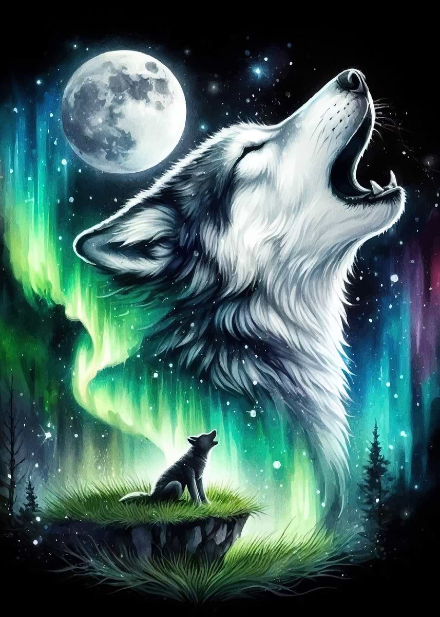'Howling Wolf Aurora Borealis' Poster, picture, metal print, paint by ...