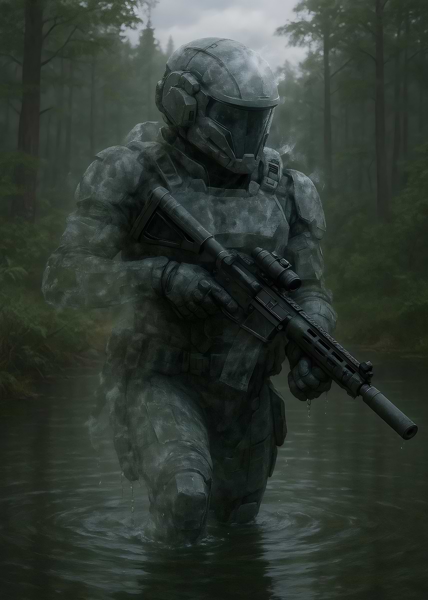 'Futuristic Soldier in Forest Stream' Poster, picture, metal print ...