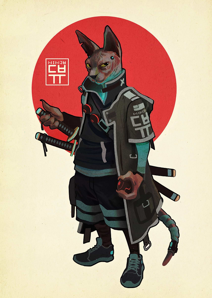 'Cyberpunk Cat Ronin Illustration' Poster, picture, metal print, paint ...
