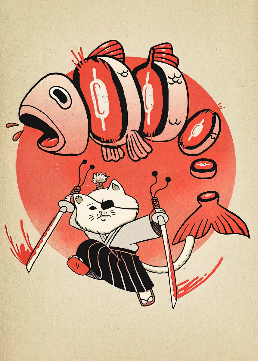 'Samurai Cat with Fish and Swords' Poster, picture, metal print, paint ...