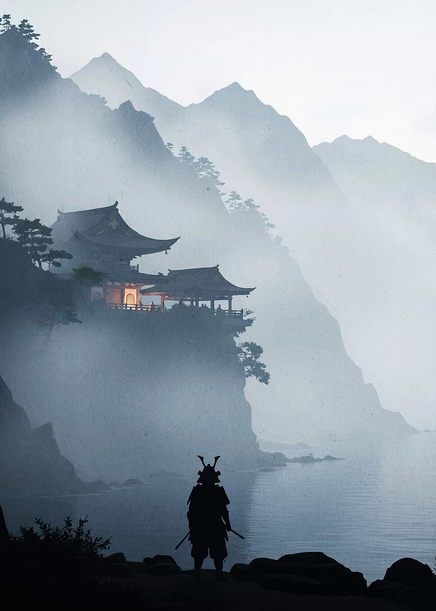 'Samurai Silhouette Misty Lake' Poster, picture, metal print, paint by ...