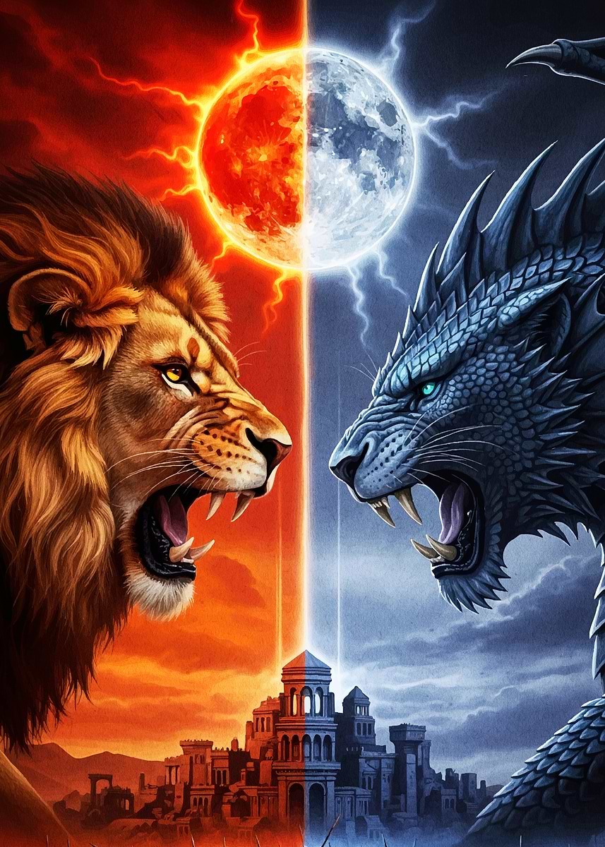 'Lion vs Dragon Fire and Ice' Poster, picture, metal print, paint by ...