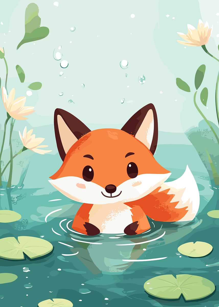 'Cute Fox in Pond Illustration' Poster, picture, metal print, paint by ...