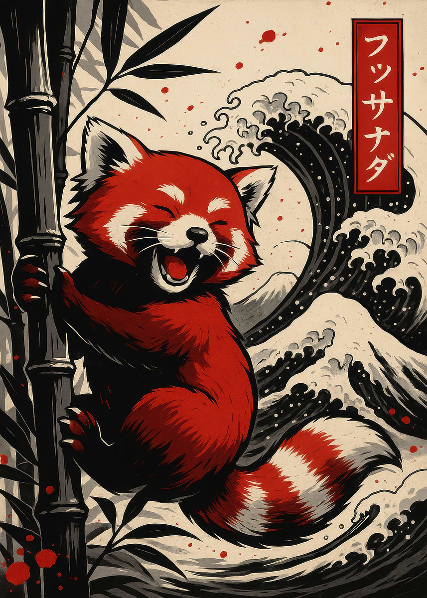 'Red Panda with Bamboo and Waves' Poster, picture, metal print, paint ...
