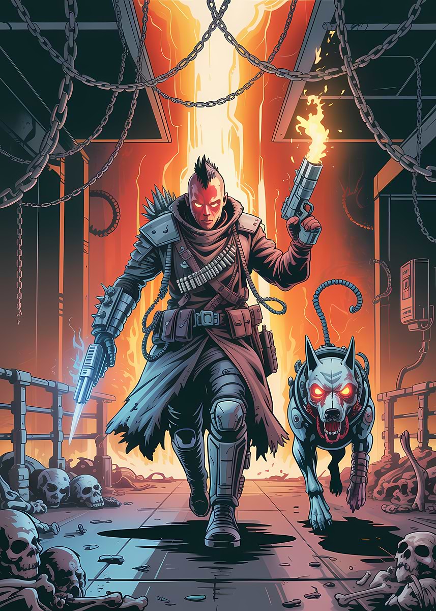 'Post-Apocalyptic Warrior and Cybernetic Dog' Poster, picture, metal ...