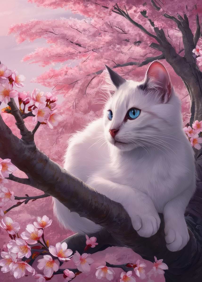 'White Cat in Cherry Blossom Tree' Poster, picture, metal print, paint ...
