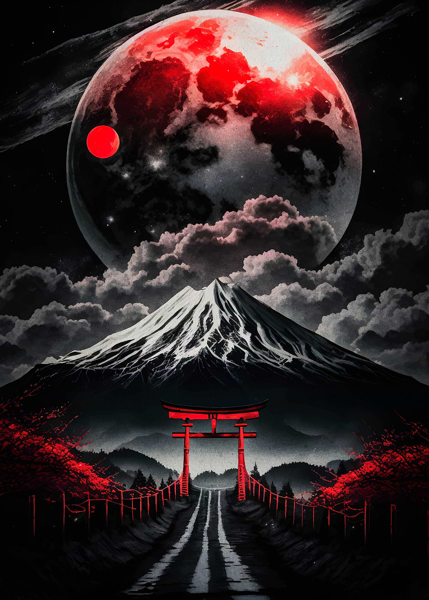 'Mount Fuji with Red Moon and Torii' Poster, picture, metal print ...