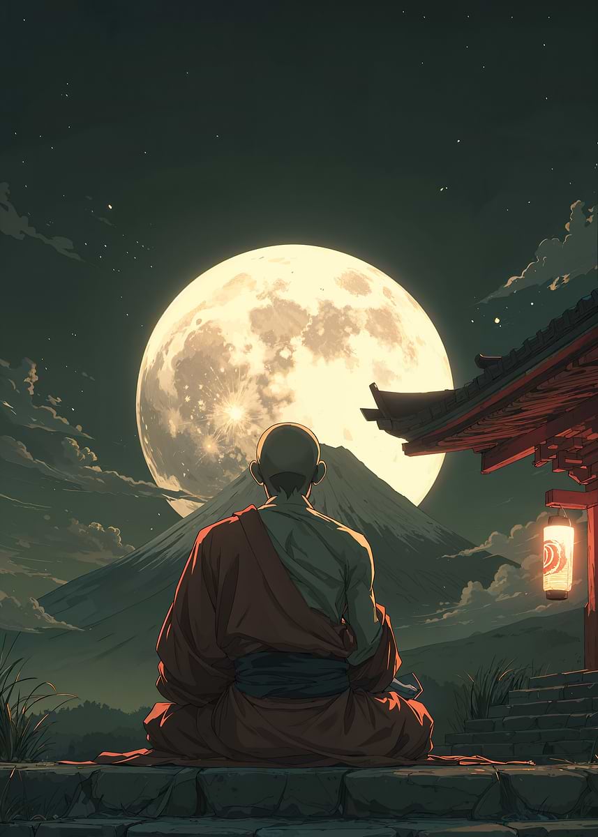 'Monk Meditating Under Full Moon' Poster, picture, metal print, paint ...