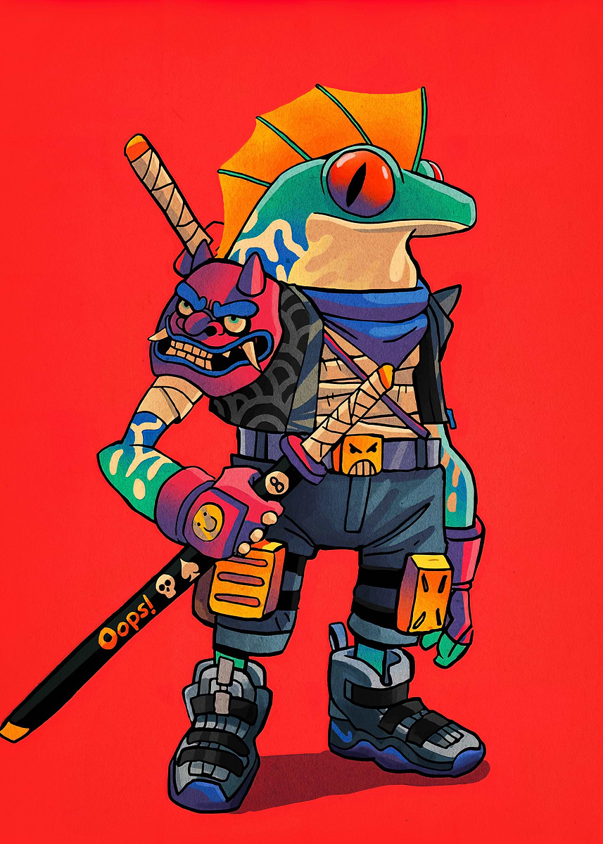 'Cyberpunk Frog Warrior with Katana' Poster, picture, metal print ...
