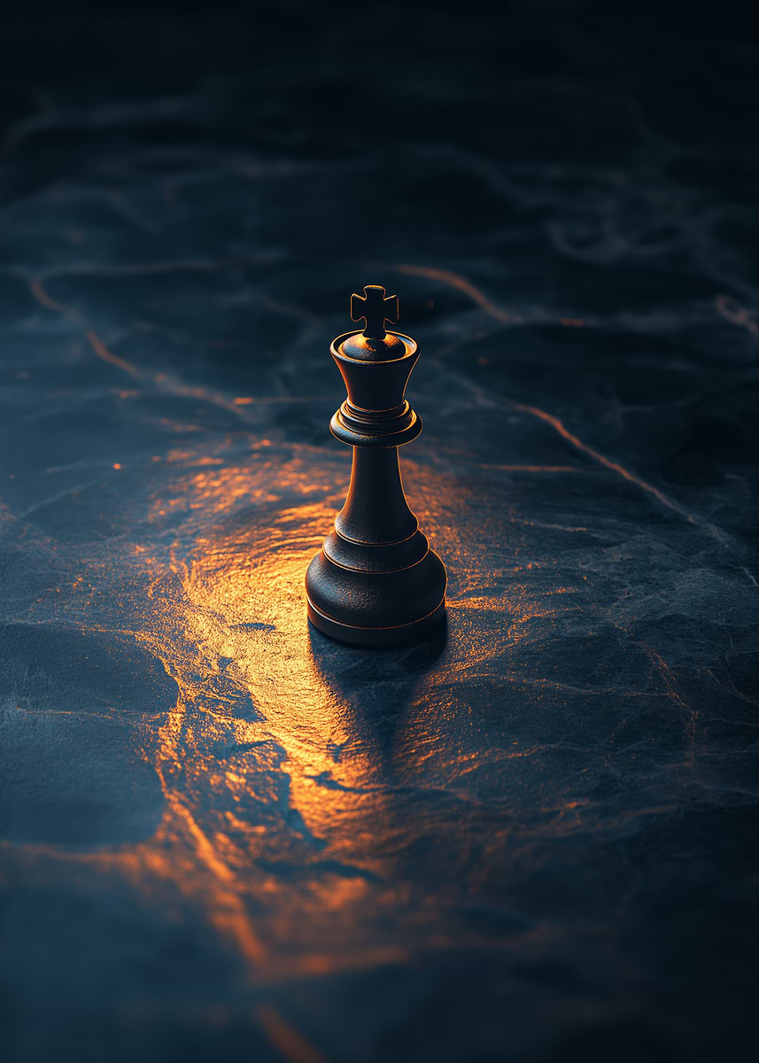 'A lone king chess piece on a dark glowing board' Poster, picture ...