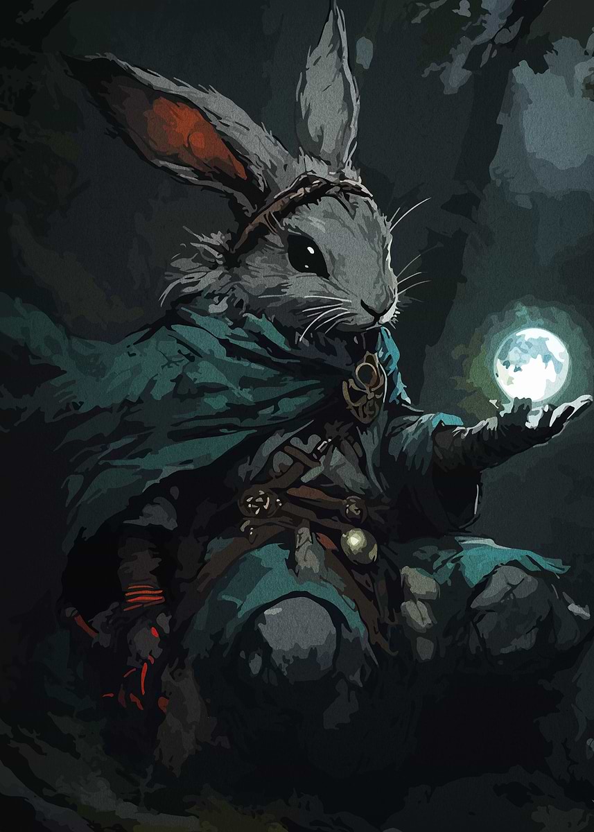 'Mystical Rabbit Warrior with Moon Orb' Poster, picture, metal print ...