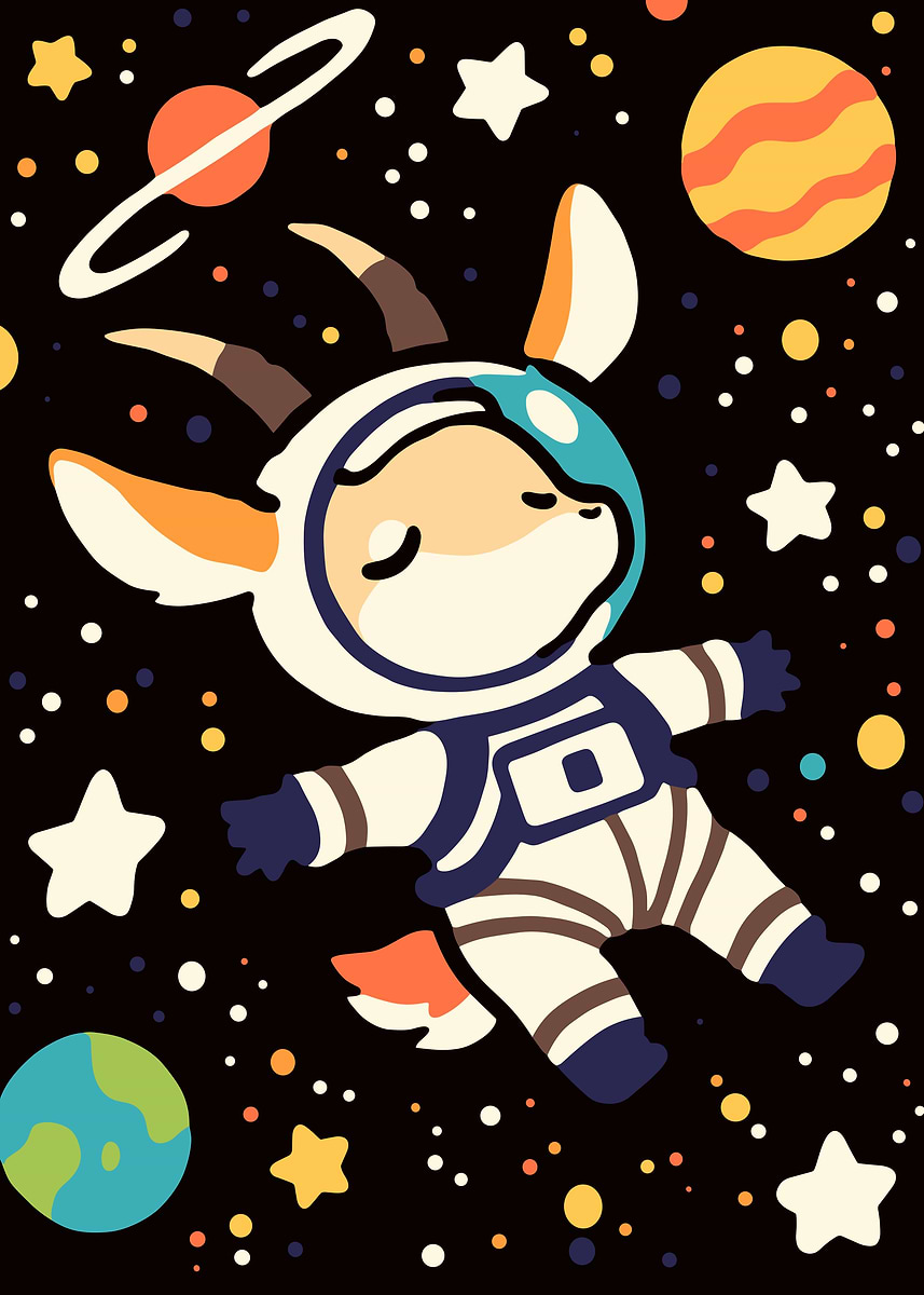 'Goat Astronaut in Space Cartoon' Poster, picture, metal print, paint ...