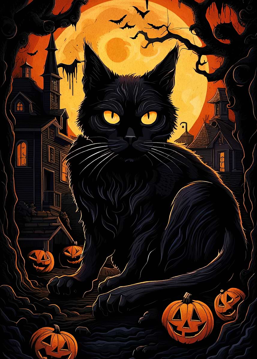 'Halloween Black Cat and Pumpkins' Poster, picture, metal print, paint ...