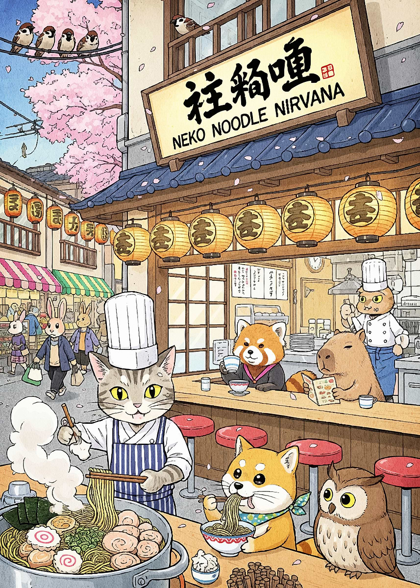 'Neko Noodle Anime Restaurant' Poster, picture, metal print, paint by ...