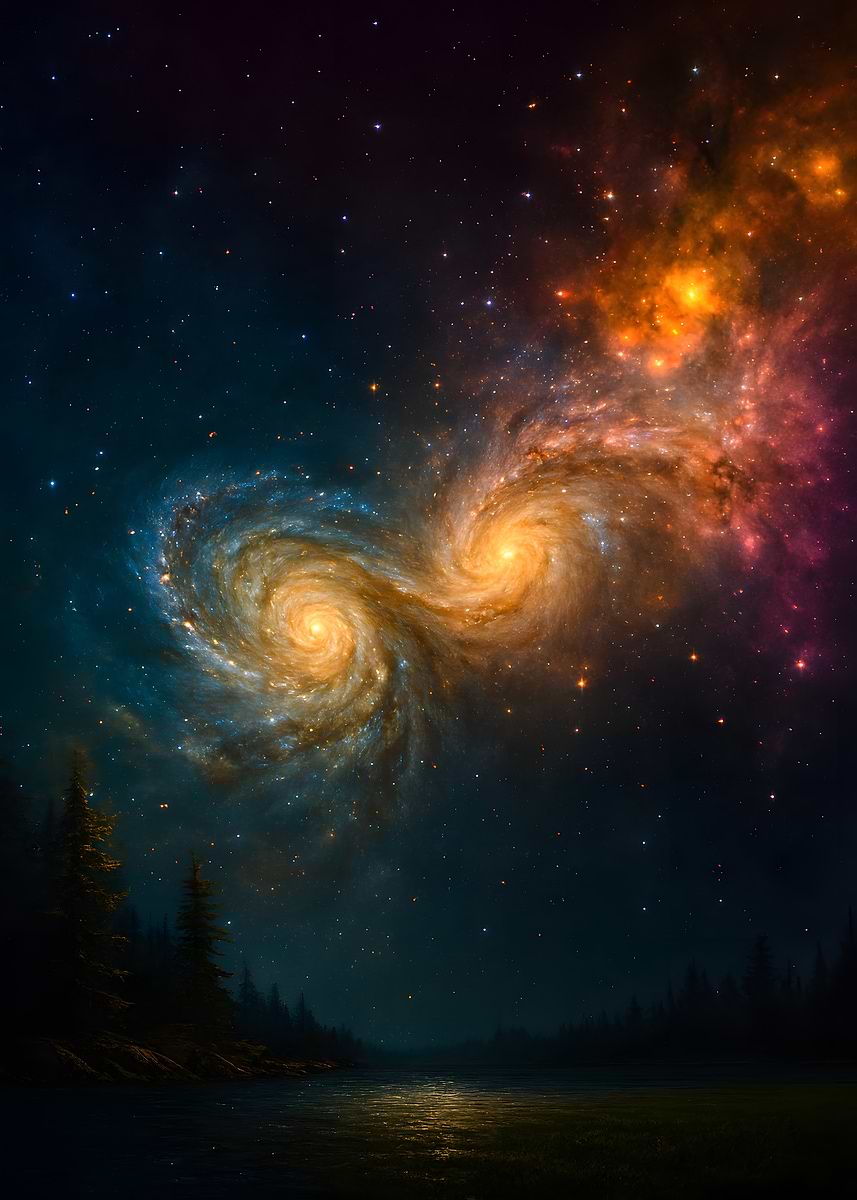 'Galactic Landscape with River and Forest' Poster, picture, metal print ...