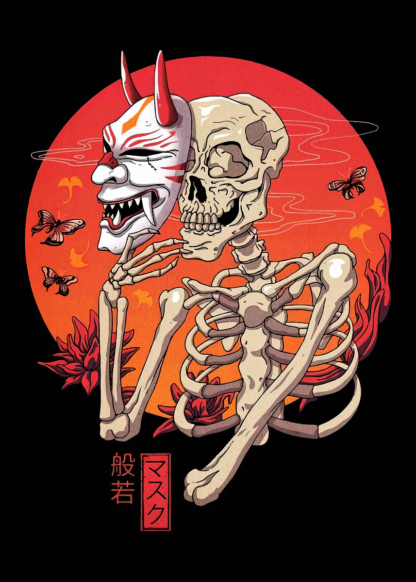 'Skeleton with Hannya Mask Illustration' Poster, picture, metal print ...