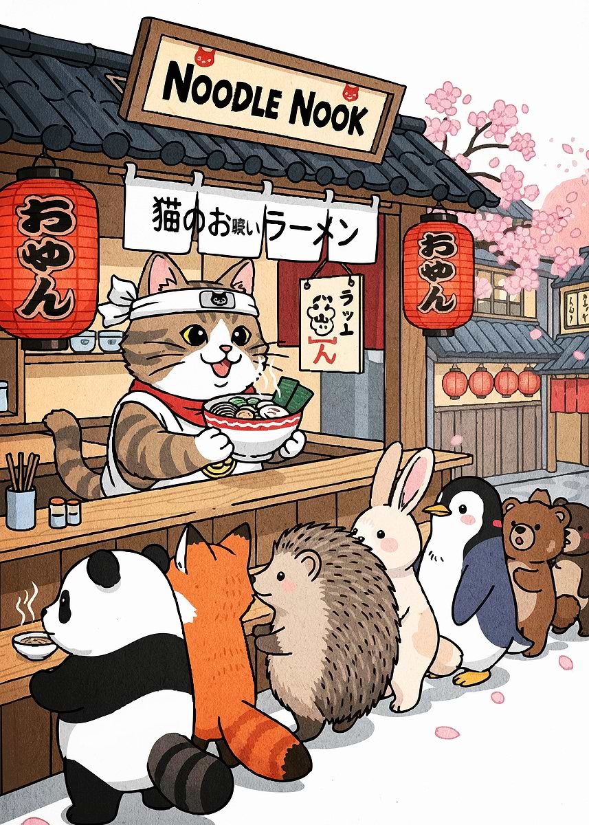 'Noodle Nook Animals Line Ramen' Poster, picture, metal print, paint by ...