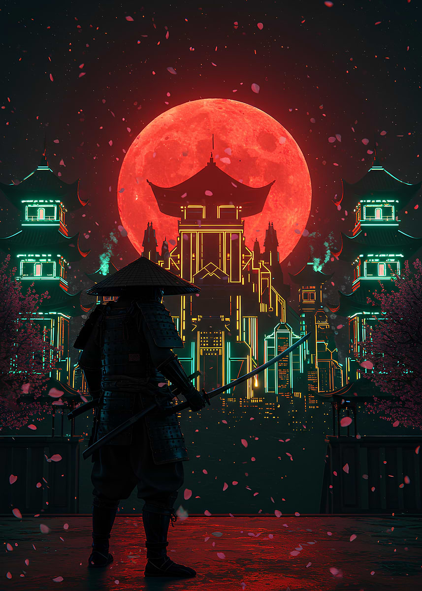 'Cyberpunk Samurai with Red Moon' Poster, picture, metal print, paint ...