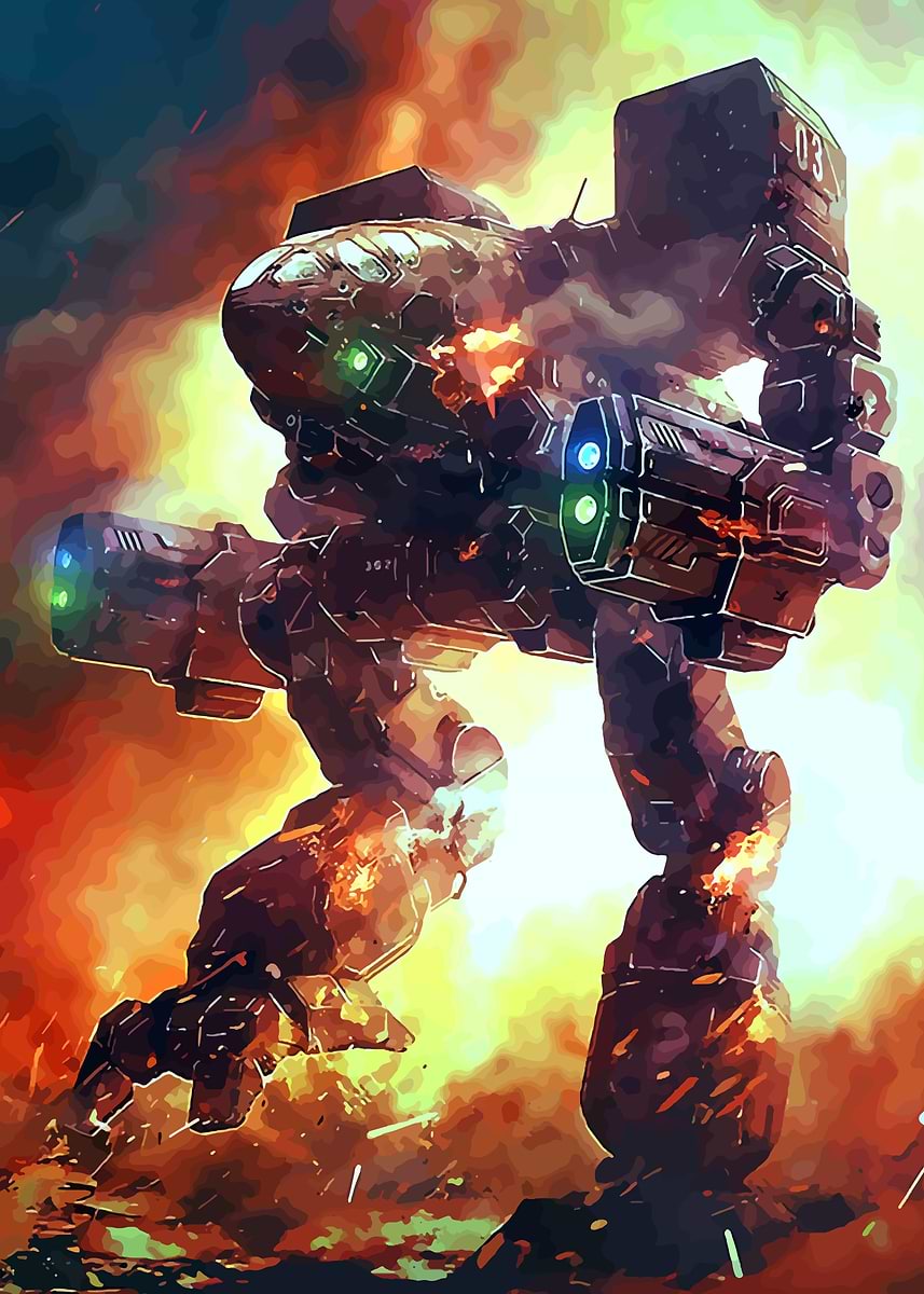 'Mech Warrior in Fiery Battle' Poster, picture, metal print, paint by ...