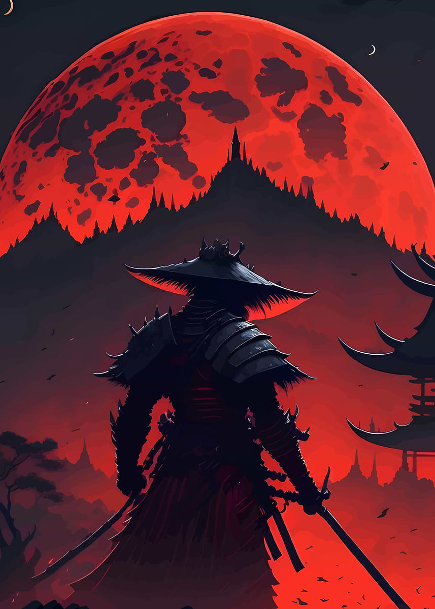 'Samurai under the Red Moon' Poster, picture, metal print, paint by ...
