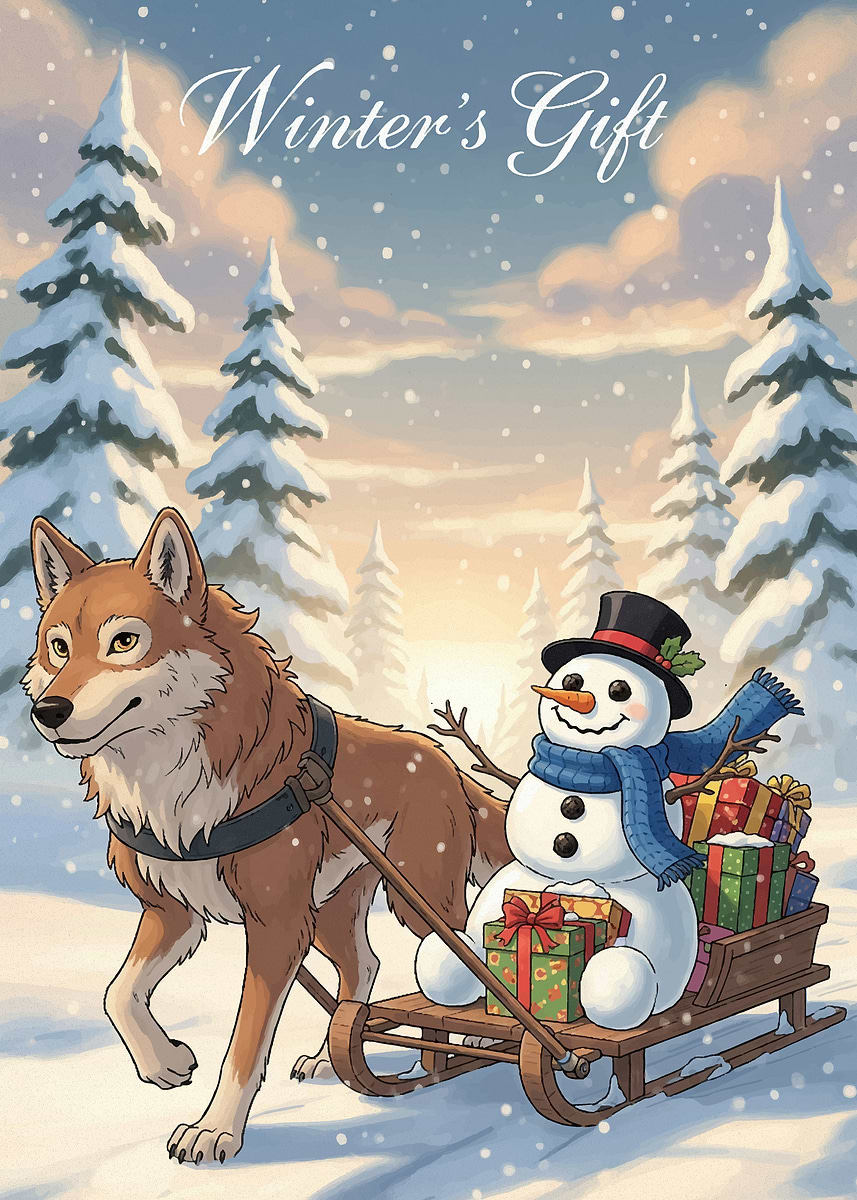 'Winter's Gift: Wolf and Snowman Sleigh Ride' Poster, picture, metal ...