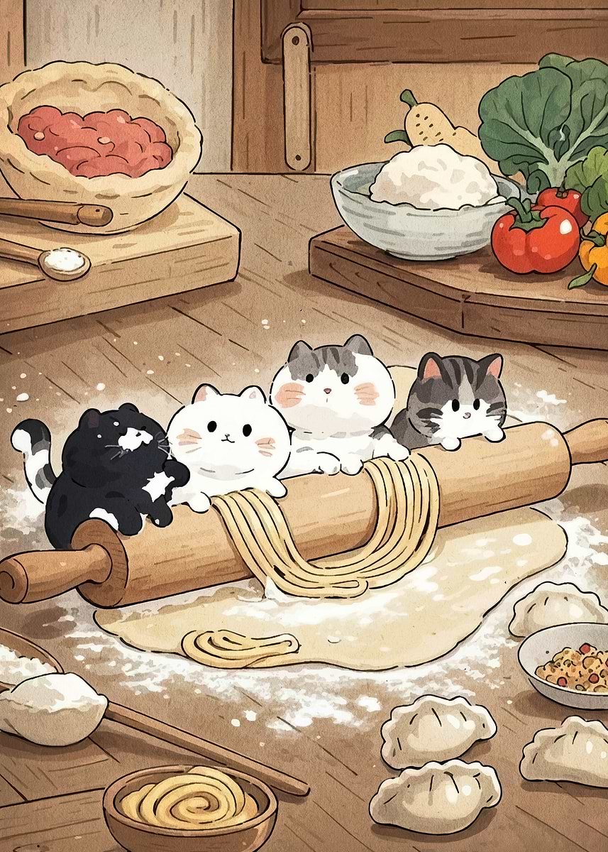 'Cats Baking Dumplings' Poster, picture, metal print, paint by Shae ...