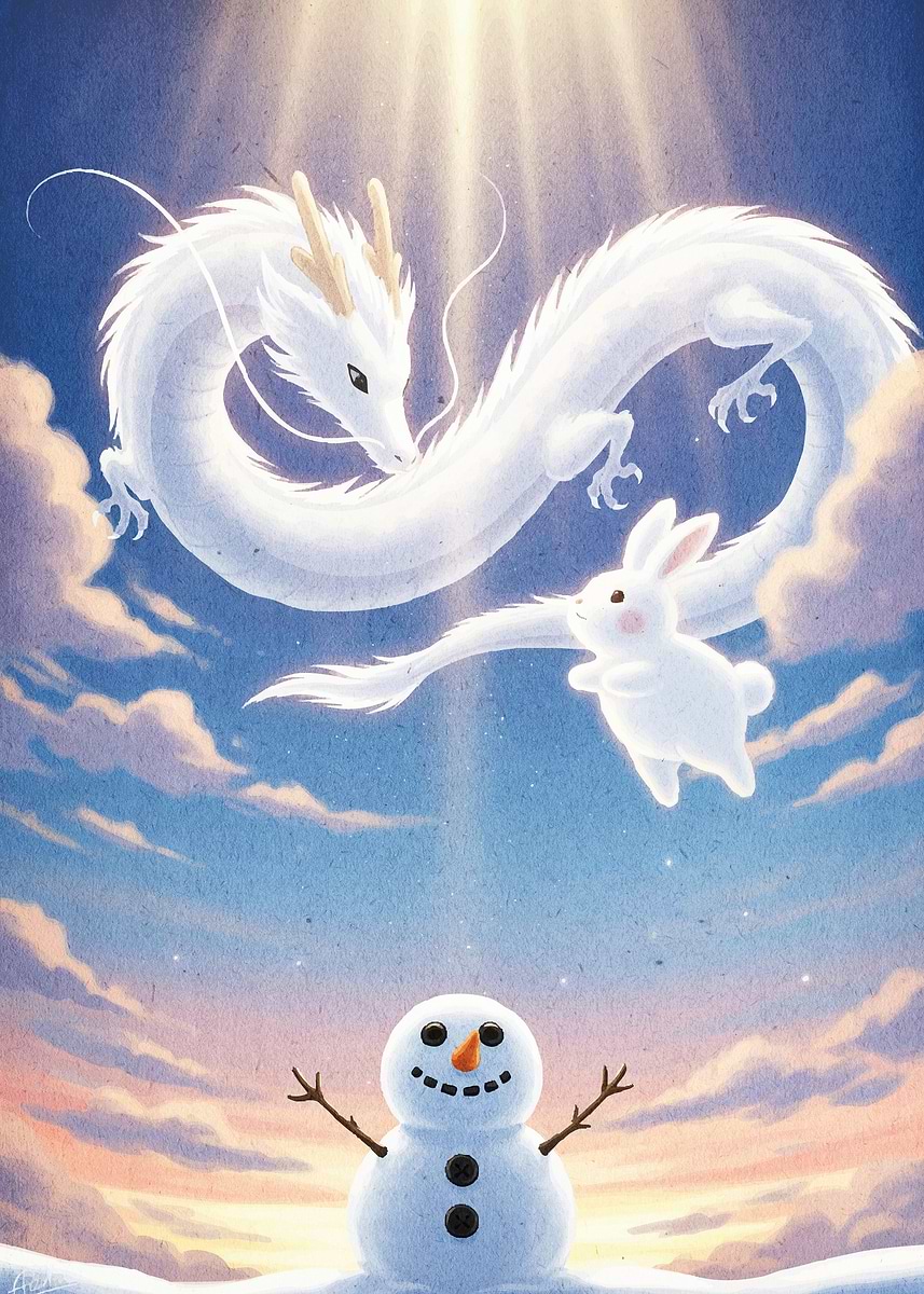 'Dragon Rabbit Snowman Scene' Poster, picture, metal print, paint by ...