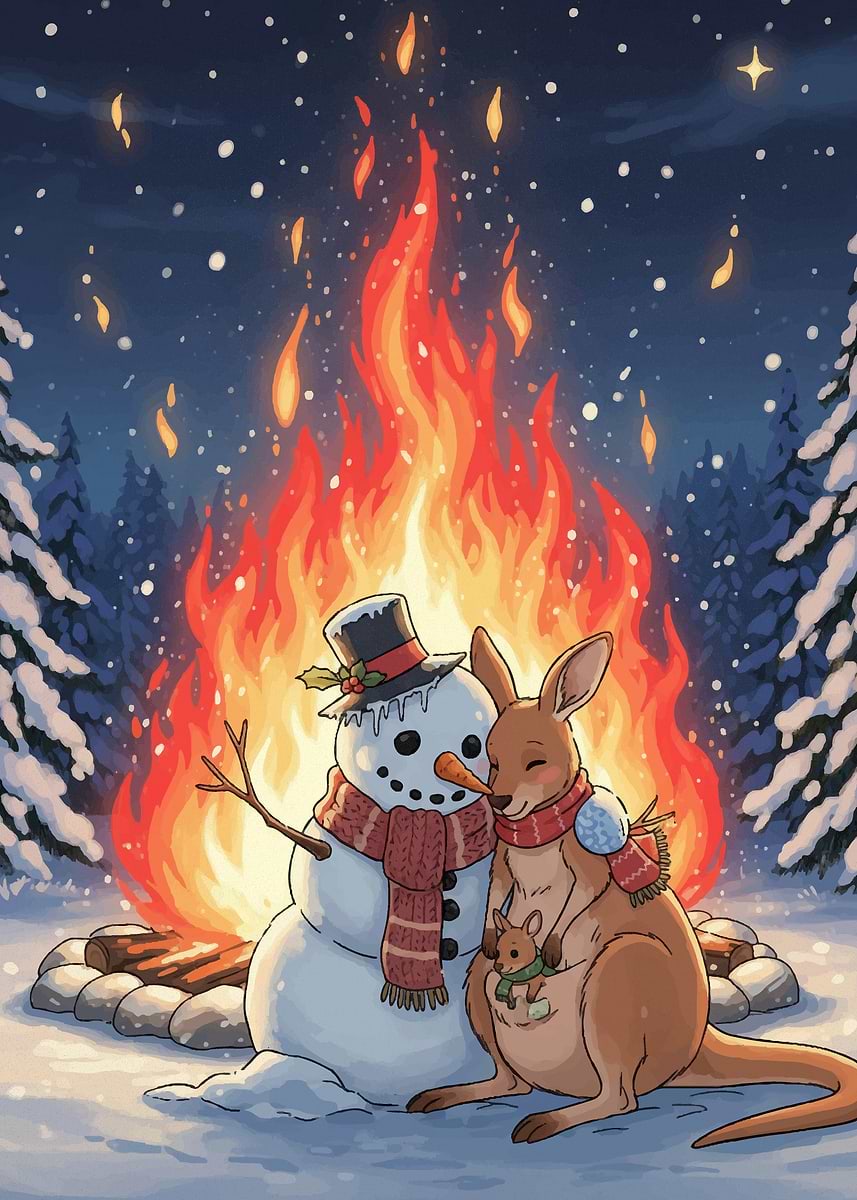 'Snowman and Kangaroo by Campfire' Poster, picture, metal print, paint ...