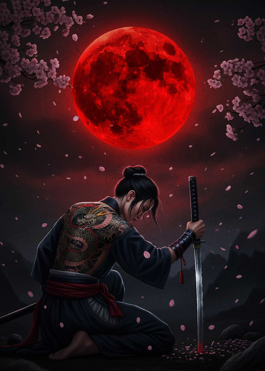 'Samurai Under Red Moon' Poster, picture, metal print, paint by Stanley ...