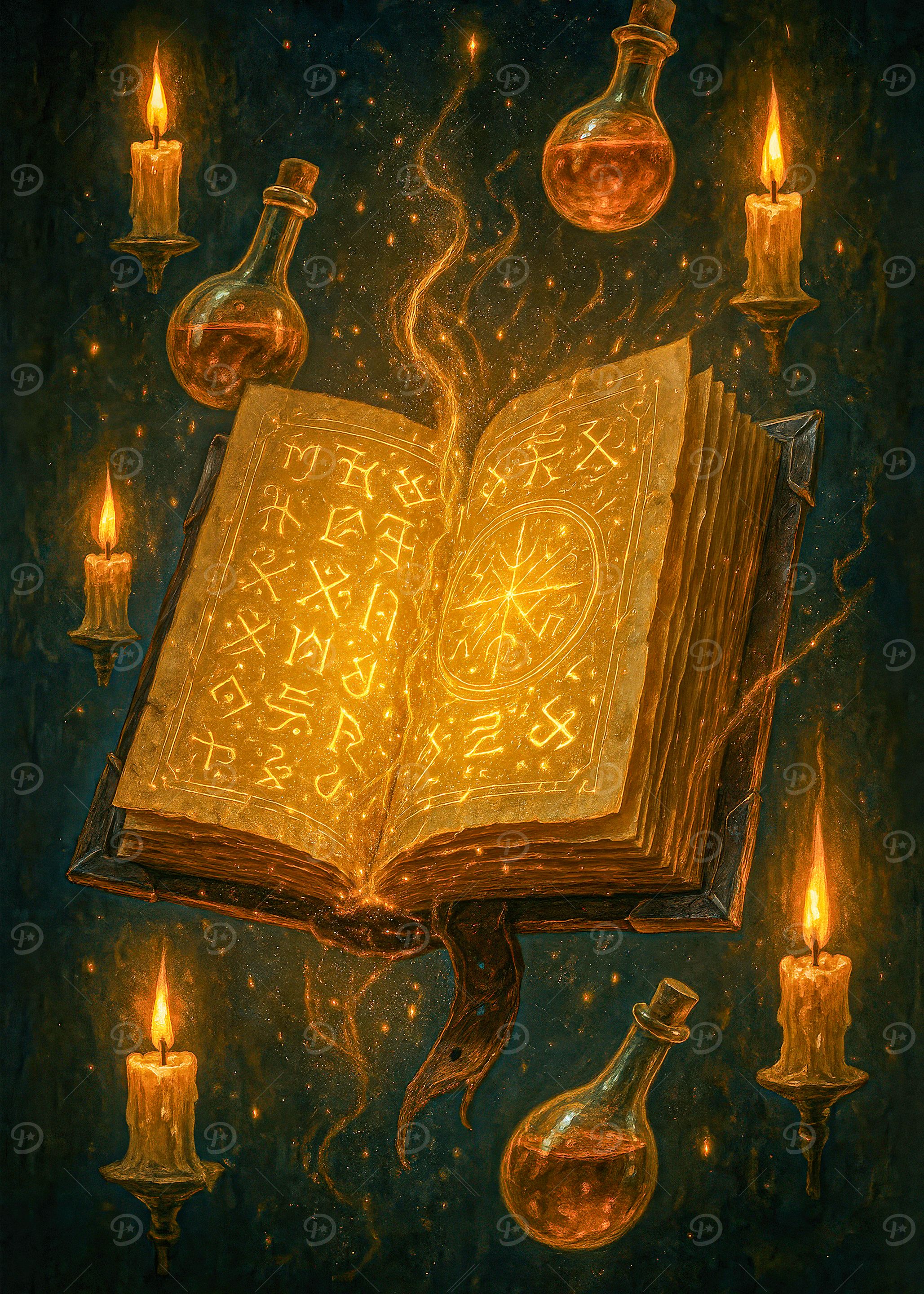 'Mystical Book with Potions and Candles' Poster, picture, metal print ...