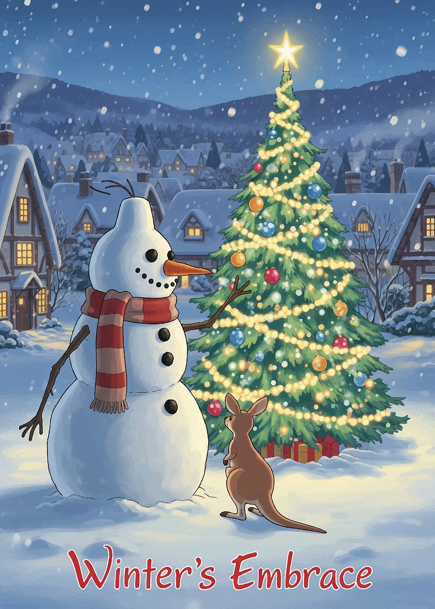 'Winter's Embrace: Snowman, Kangaroo, Christmas Tree' Poster, picture ...