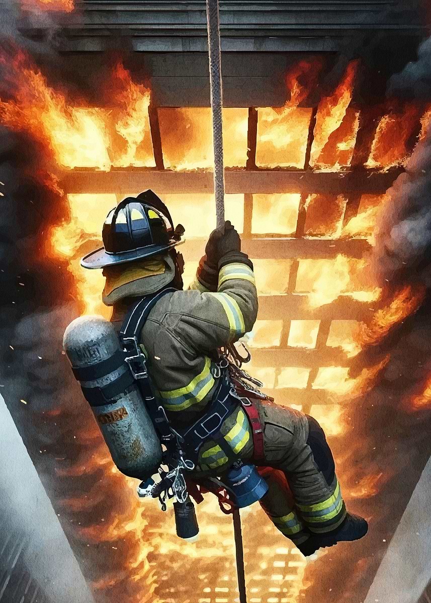 'Firefighter rappelling burning building' Poster, picture, metal print ...