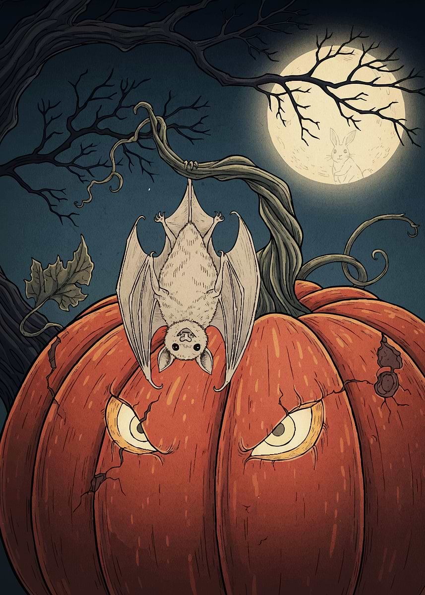'Halloween Pumpkin Bat Moon' Poster, picture, metal print, paint by ...