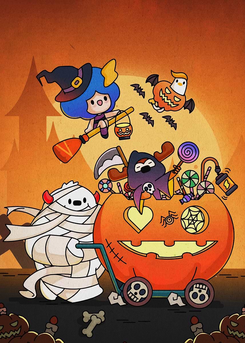 'Halloween Cartoon Characters and Pumpkin' Poster, picture, metal print ...