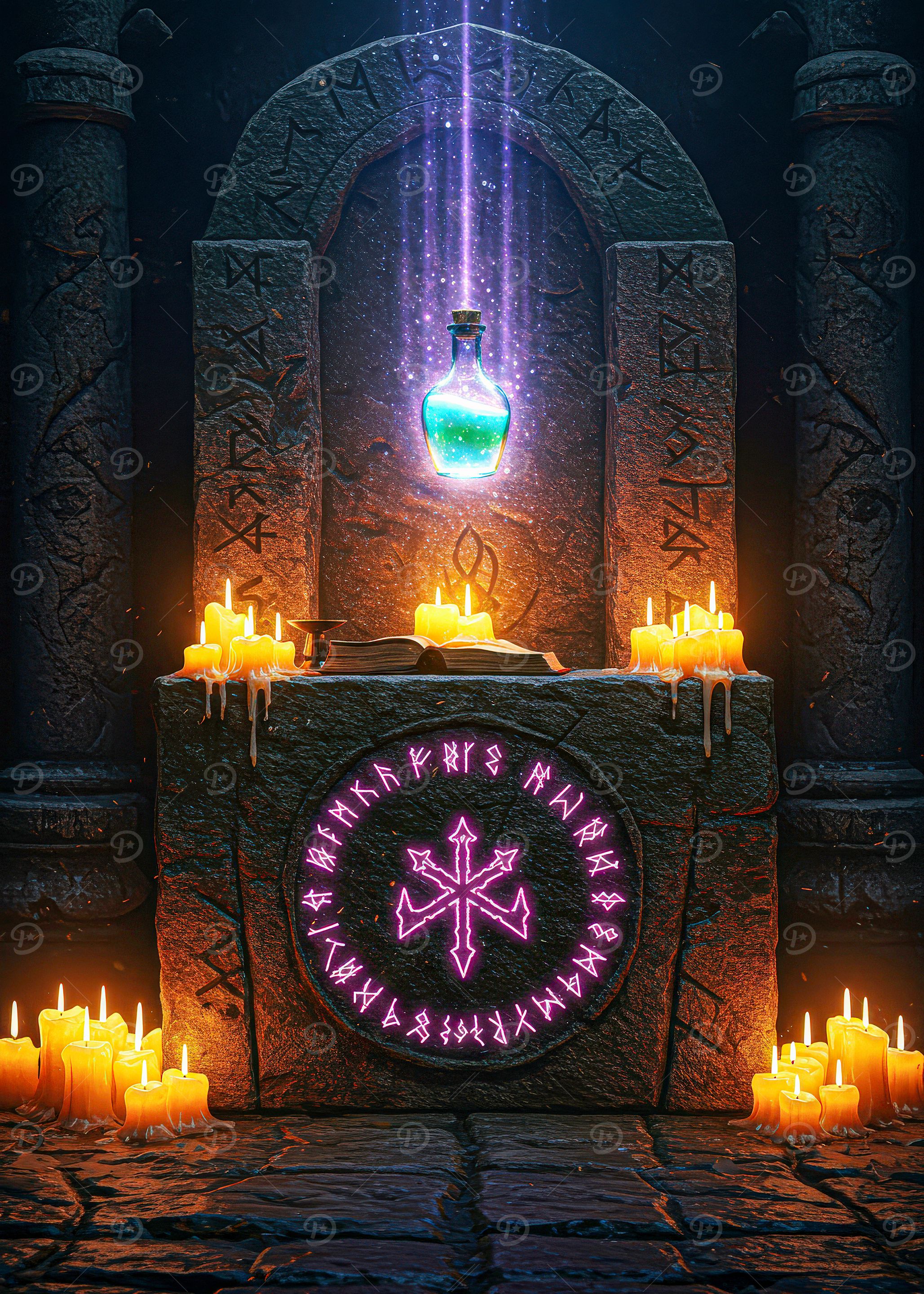 'Mystic Altar with Glowing Potion' Poster, picture, metal print, paint ...