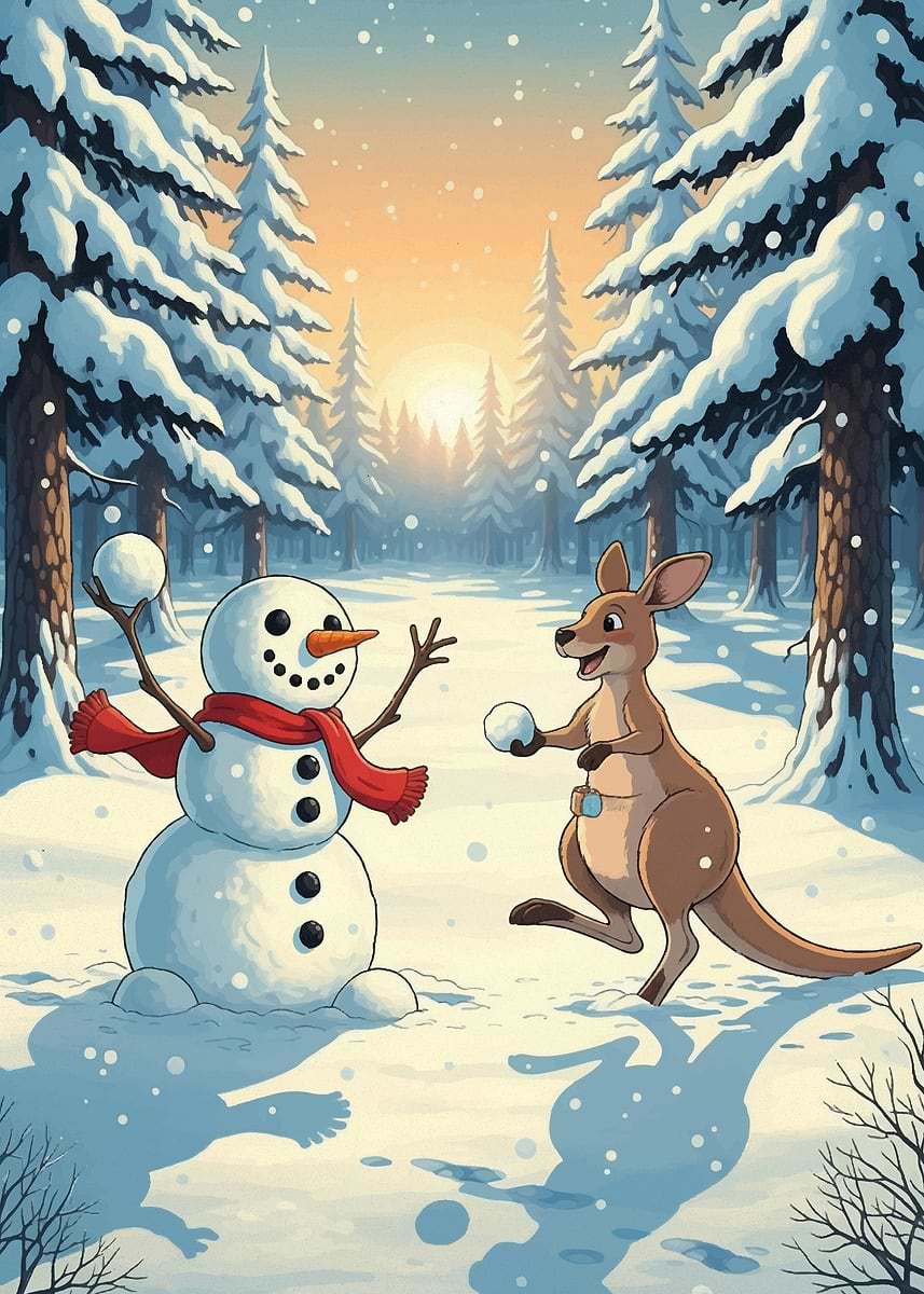 'Snowy Day with Kangaroo and Snowman' Poster, picture, metal print ...