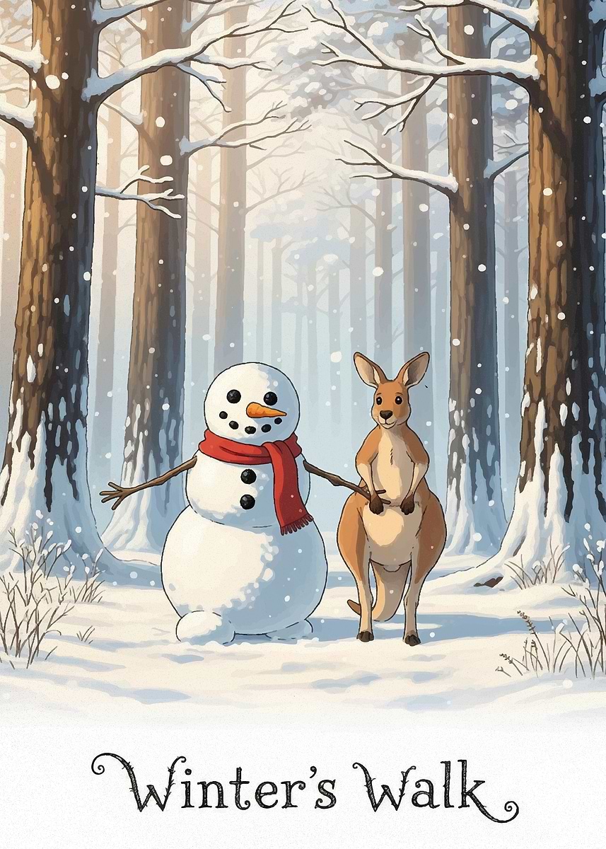 'Winter's Walk: Snowman and Kangaroo' Poster, picture, metal print ...
