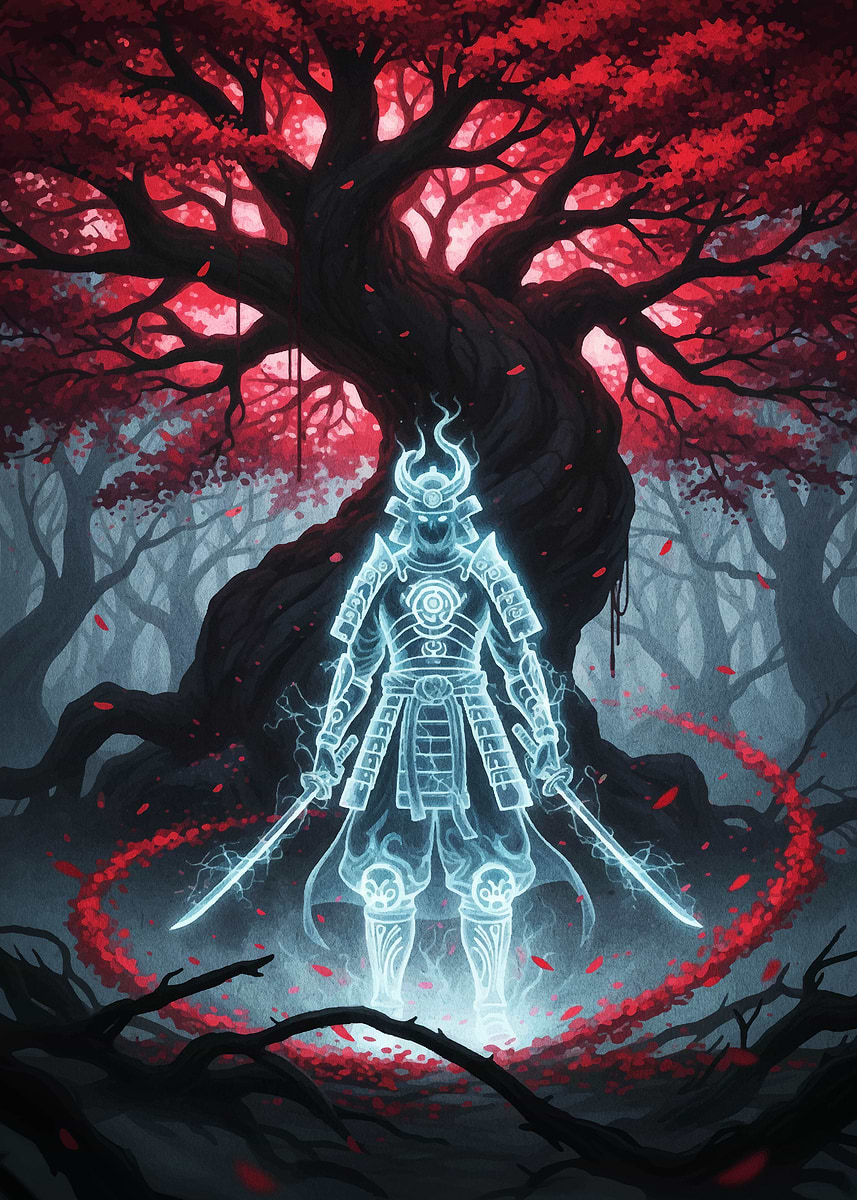 'Ghostly Samurai in Autumn Forest' Poster, picture, metal print, paint ...