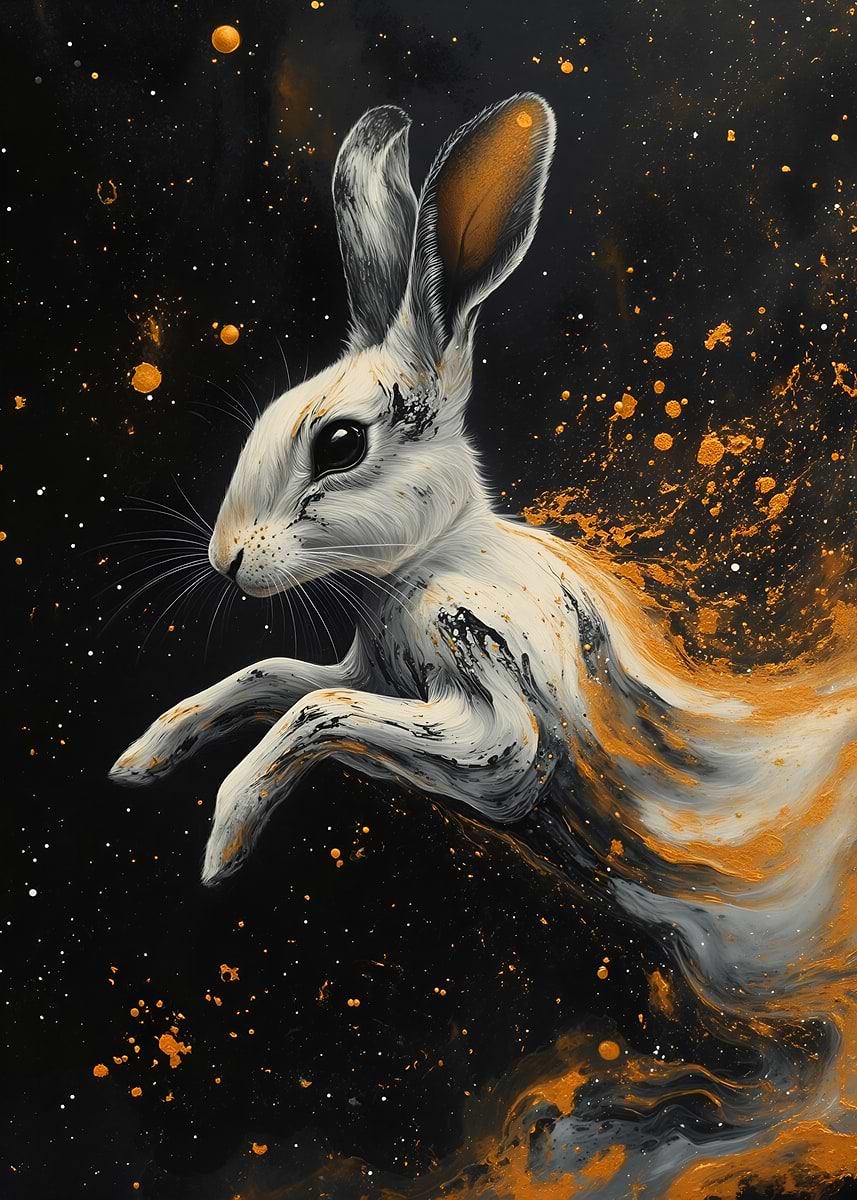 'Hare in Motion with Golden Splashes' Poster, picture, metal print ...