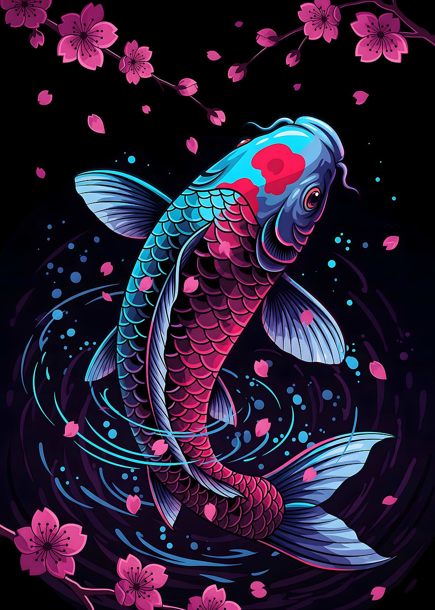 'Japanese Aesthetics – Neon Koi Fish and Cherry Blossoms Art' Poster ...