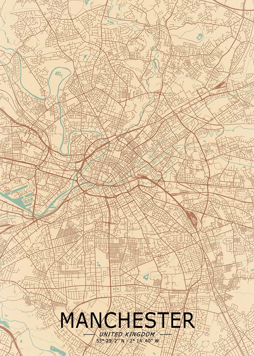 'Manchester Vintage Map' Poster, picture, metal print, paint by ...