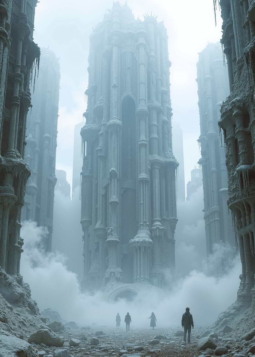 'Frozen Cityscape with Figures' Poster, picture, metal print, paint by ...