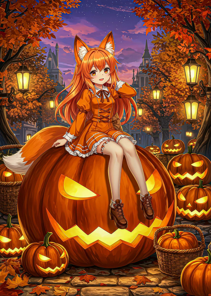 'Anime Fox Girl on Halloween Pumpkin' Poster, picture, metal print ...