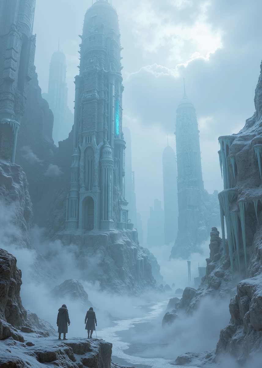 'Frozen Cityscape with Two Figures' Poster, picture, metal print, paint ...